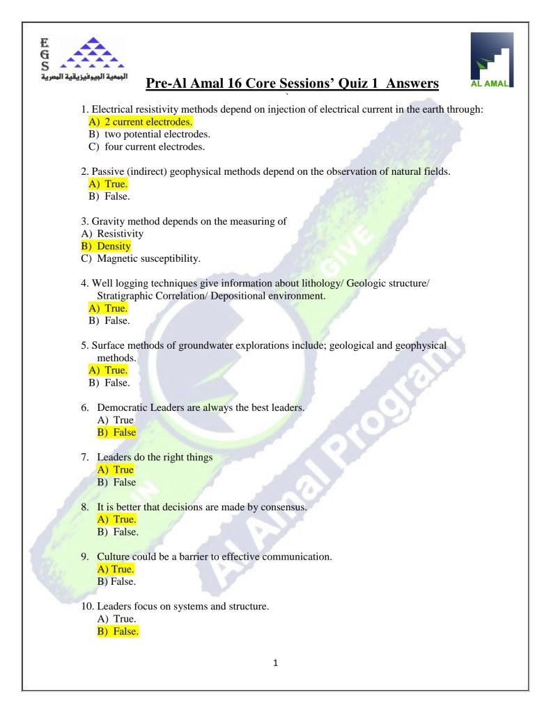 Download Now: Comprehensive Answers to the Pre-Al Amal 16 Core Sessions' Quiz 1 - Al AMAL Program